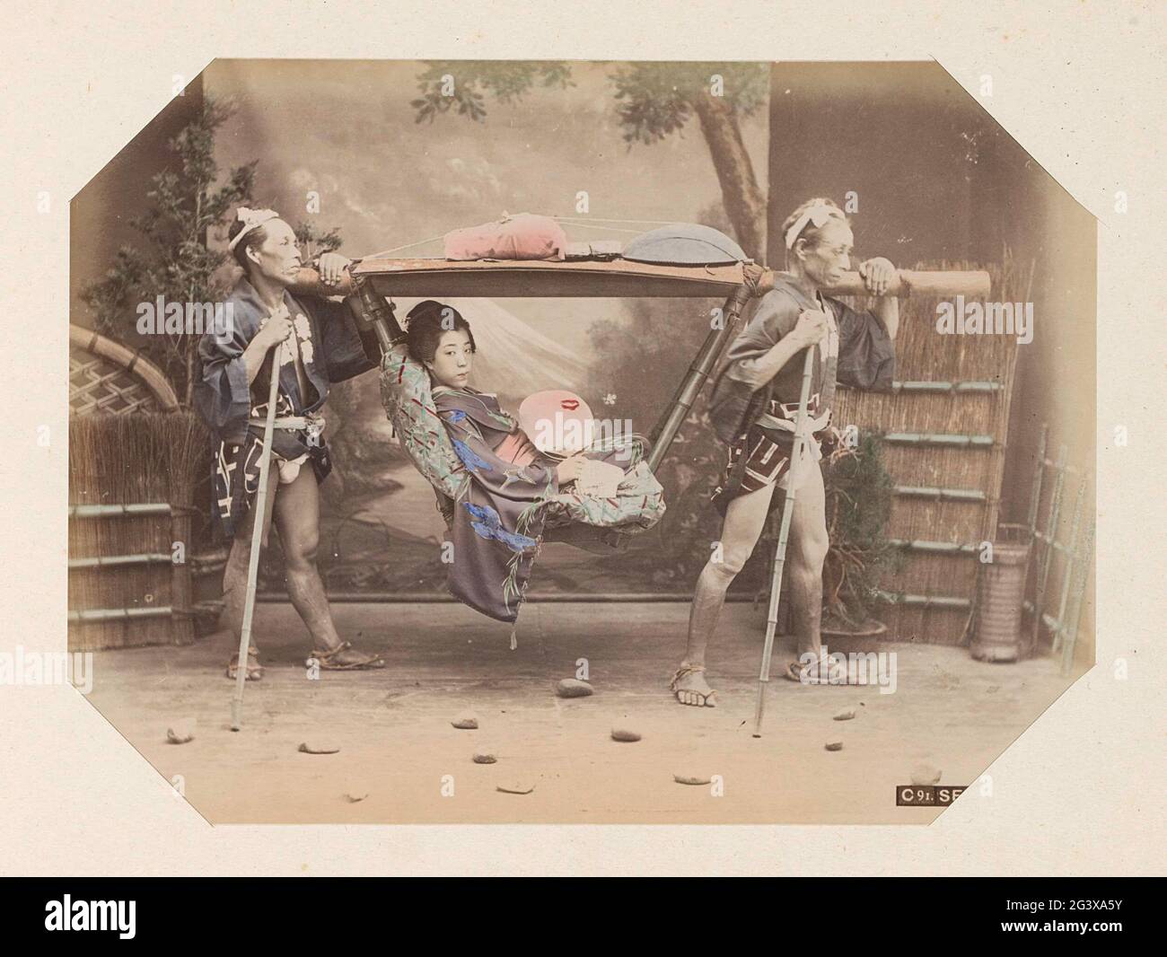 Japanese woman in a sedan with two carriers; Sedan Chair. Part of photo ...