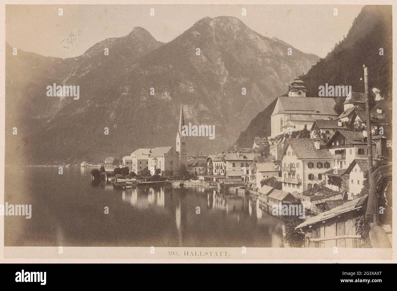 View of Hallstatt with lake and surrounding mountains; Hallstatt. Part ...