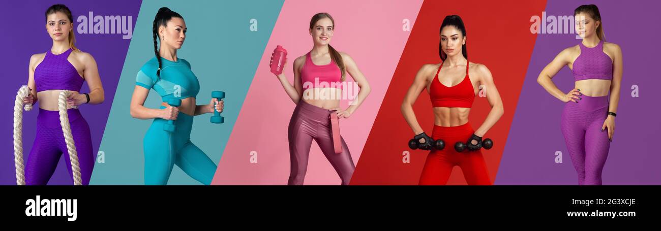 Sport collage of young fit woman standing and posing over color studio ...