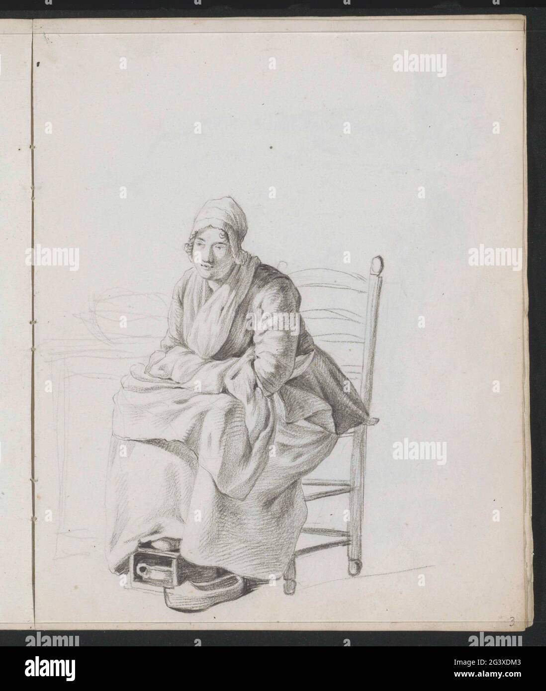 Seated farmer's feet with the feet on a stew. The woman is sitting on a ...