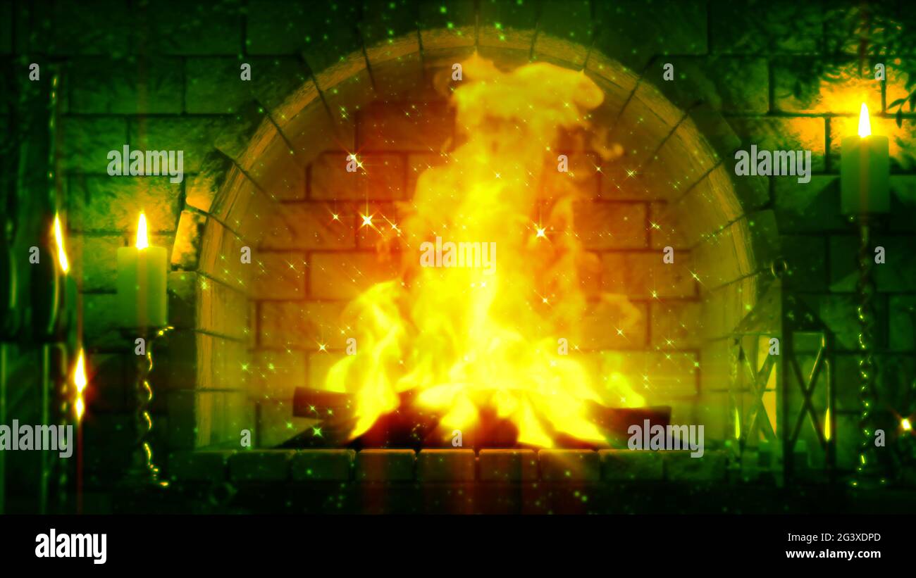 magic masonry fireplace flames shining - digital object 3D rendering ...