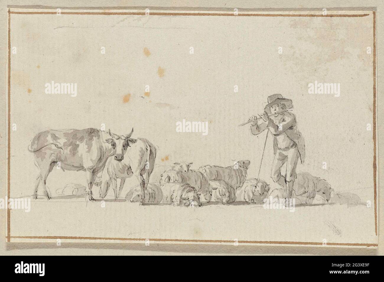 Flute playing shepherd standing with his herd Stock Photo - Alamy