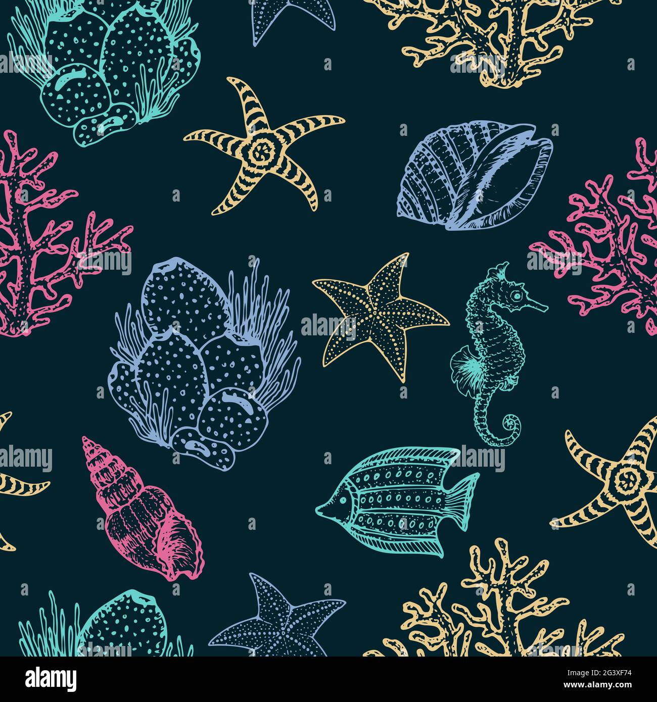 Sea Creatures hand drawn seamless pattern. Ocean animals and seashells ...