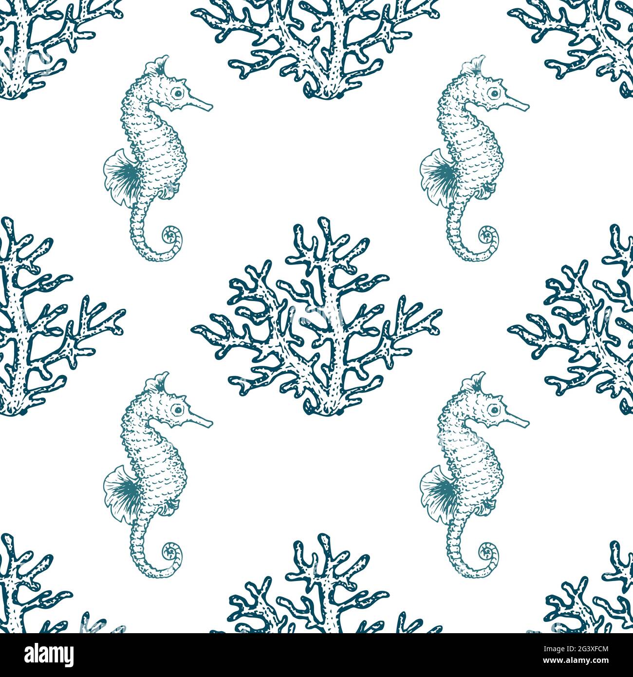 Sea Creatures hand drawn seamless pattern. Ocean animals and seashells ...