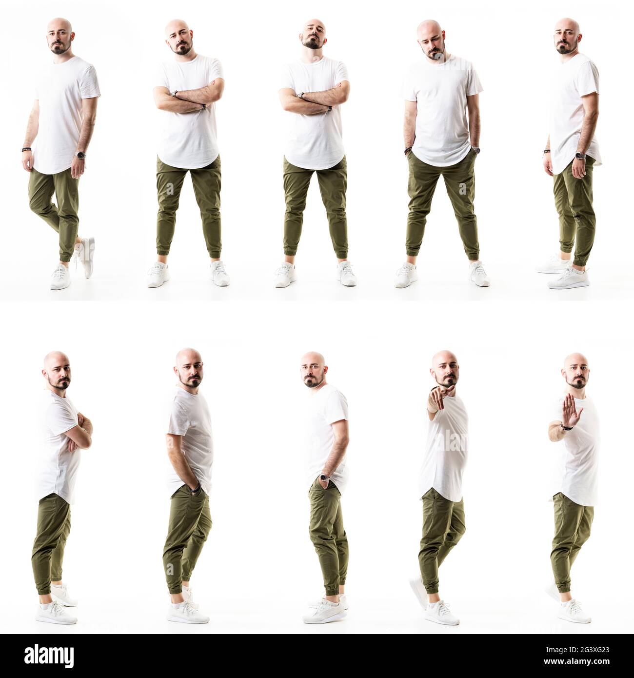 Set of serious displeased and sad bald bearded man in different posing ...