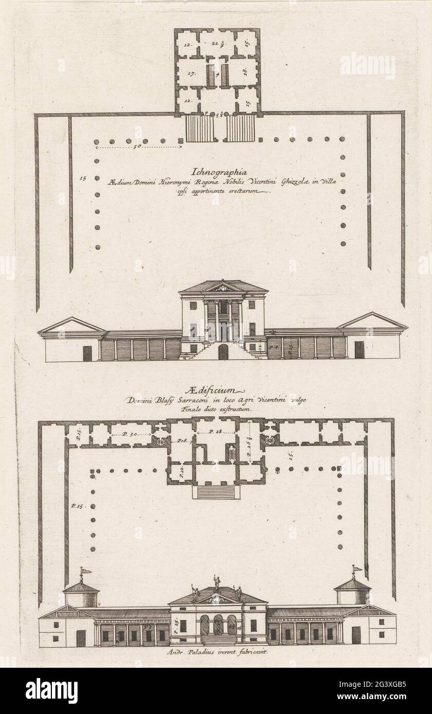 Floor plans and façades of two villas designed by Andrea Palladio ...