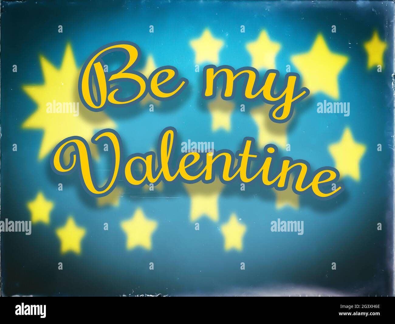 Be my Valentine written across a vintage style background in blue with ...