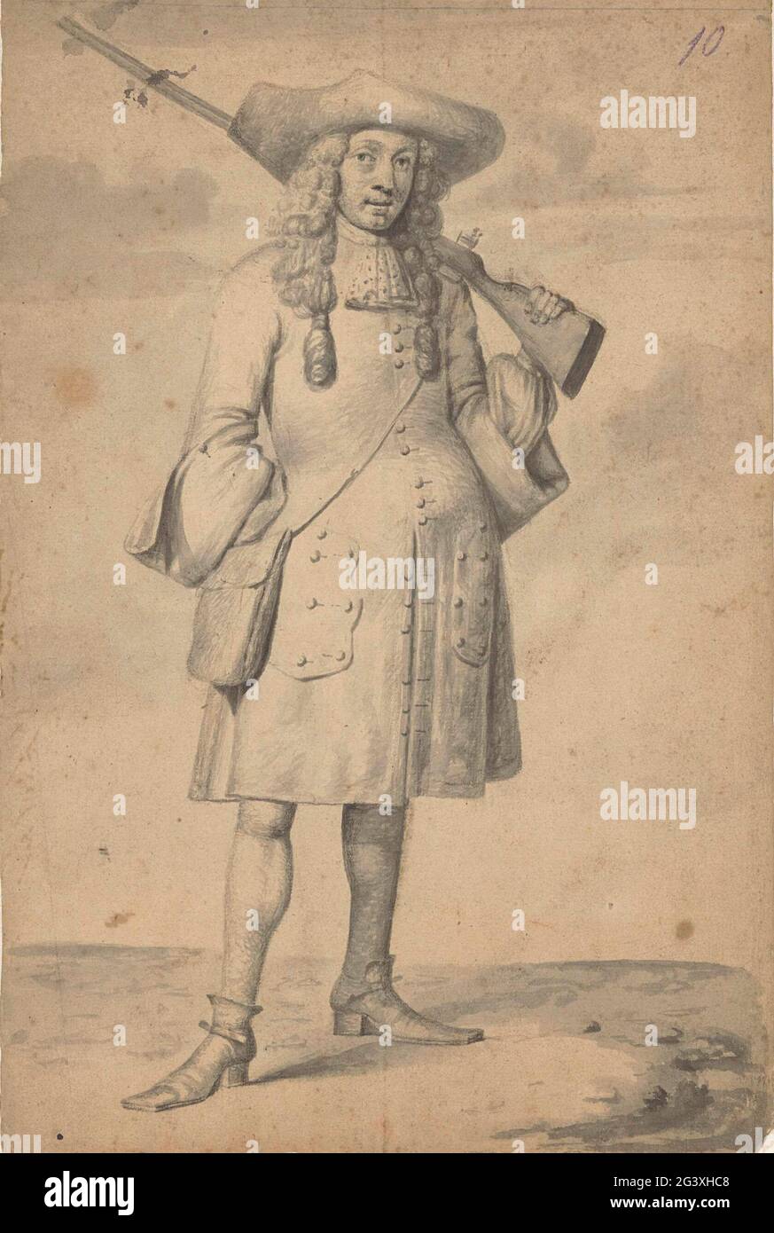 Standing man with rifle over his shoulder, seen from the front Stock ...