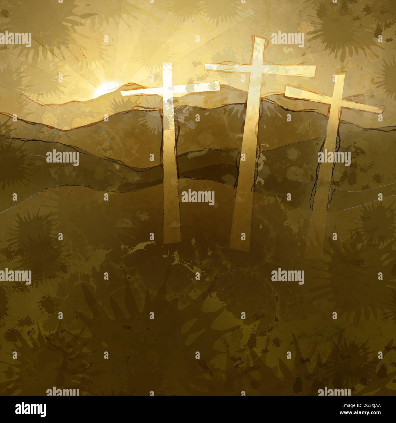 Three crucifix at the hill with sunset Stock Photo - Alamy