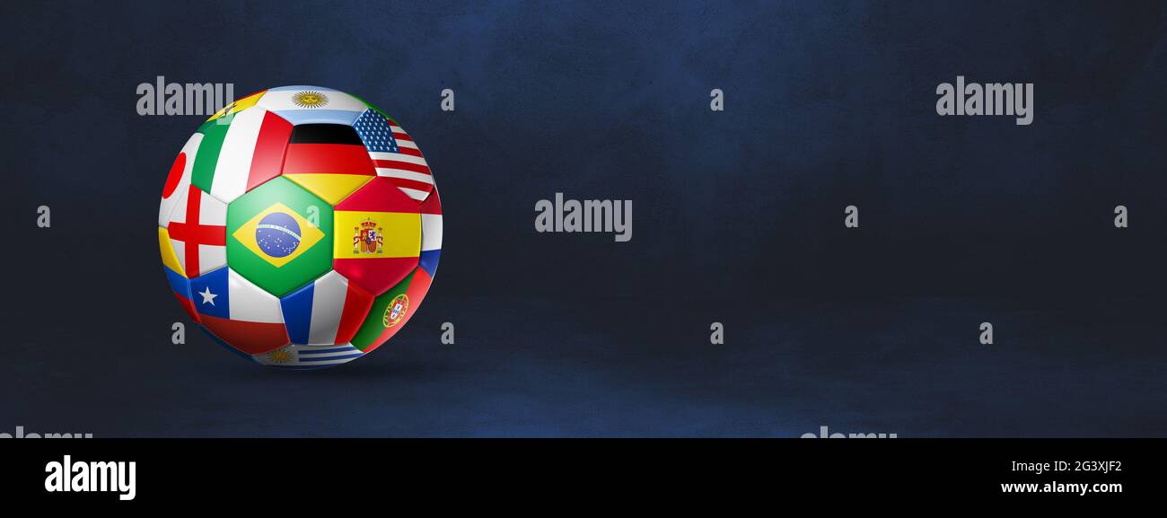 Football soccer ball with national flags on a dark blue studio banner ...