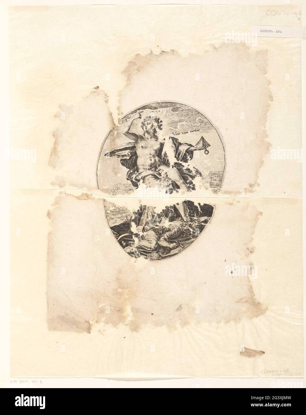 Virtue overcomes the war. Allegory of a virtue with star wreath sitting ...