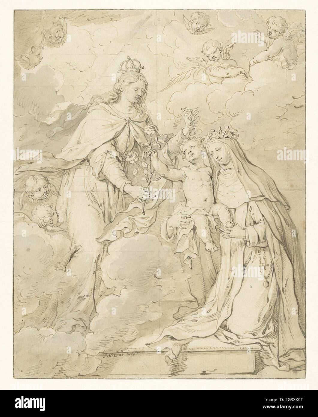 Female Saint with Christ Child at Mary. A female saint holds kneeling ...
