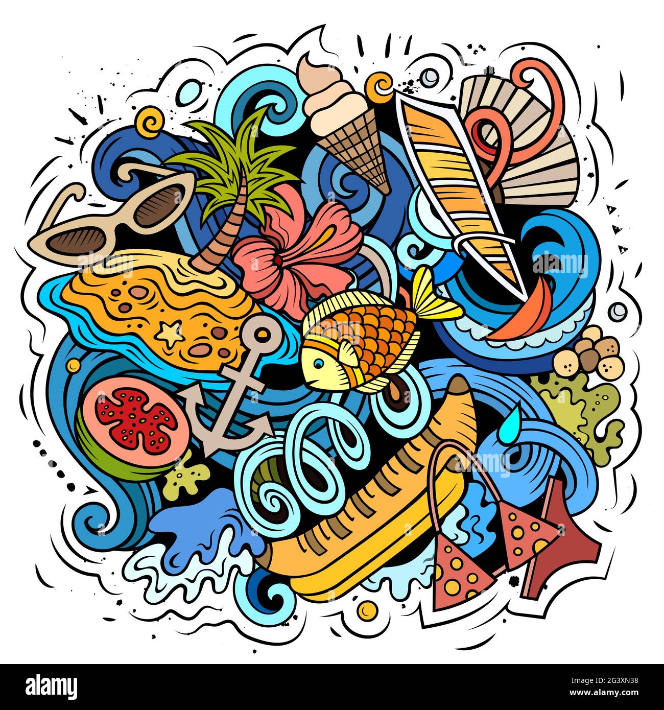 Summer beach vector doodles illustration. Summertime elements and ...