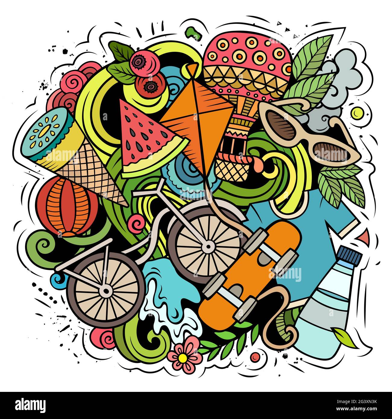 Summer vector doodles illustration. Summertime elements and objects ...