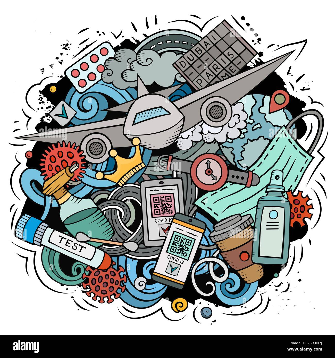 Traveling vector doodles illustration. New normal elements and objects ...