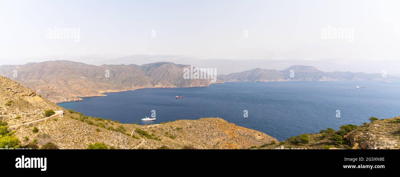 A view of the Sierra de Muela mountains and the Bay of Cartagena in ...