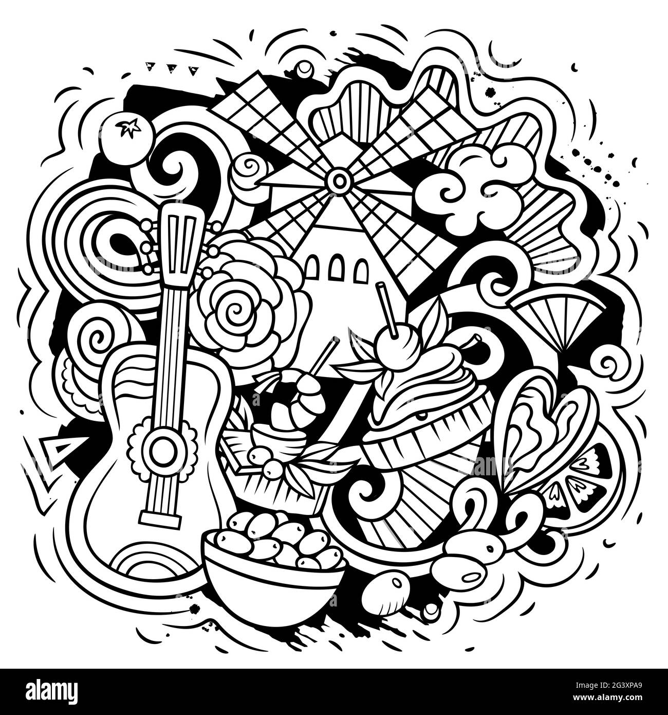Spain hand drawn cartoon doodle illustration. Funny Spanish elements ...