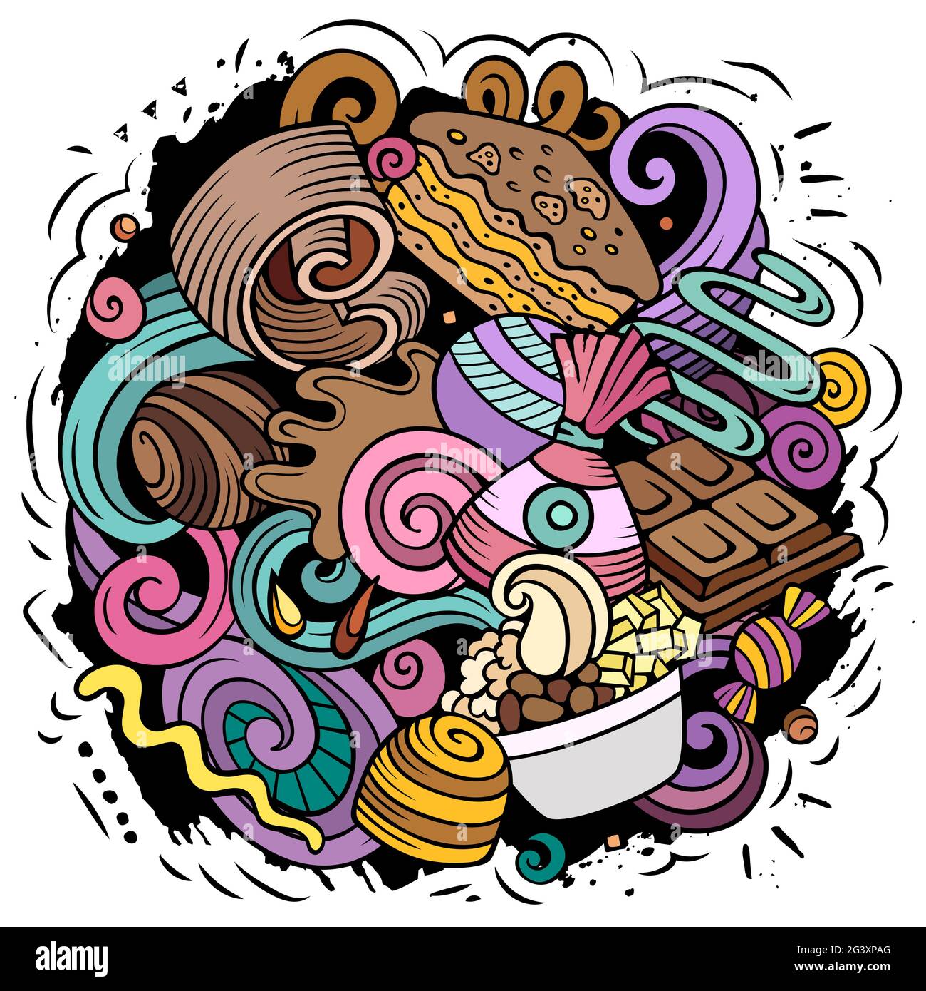 Sweet food vector doodles illustration. Desserts elements and objects ...