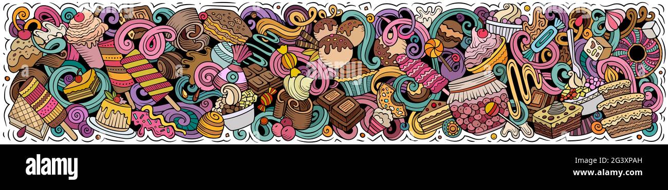Sweets hand drawn cartoon doodles illustration. Desserts funny objects ...