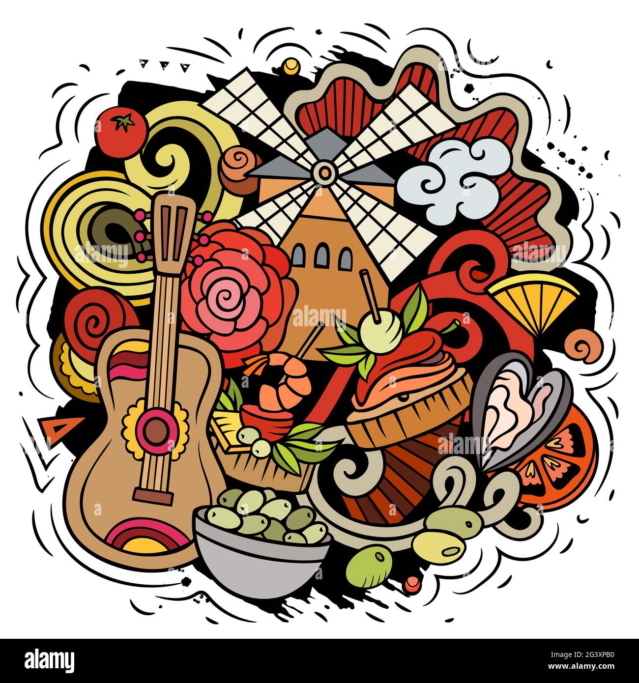 Spain hand drawn cartoon doodle illustration. Funny Spanish elements ...