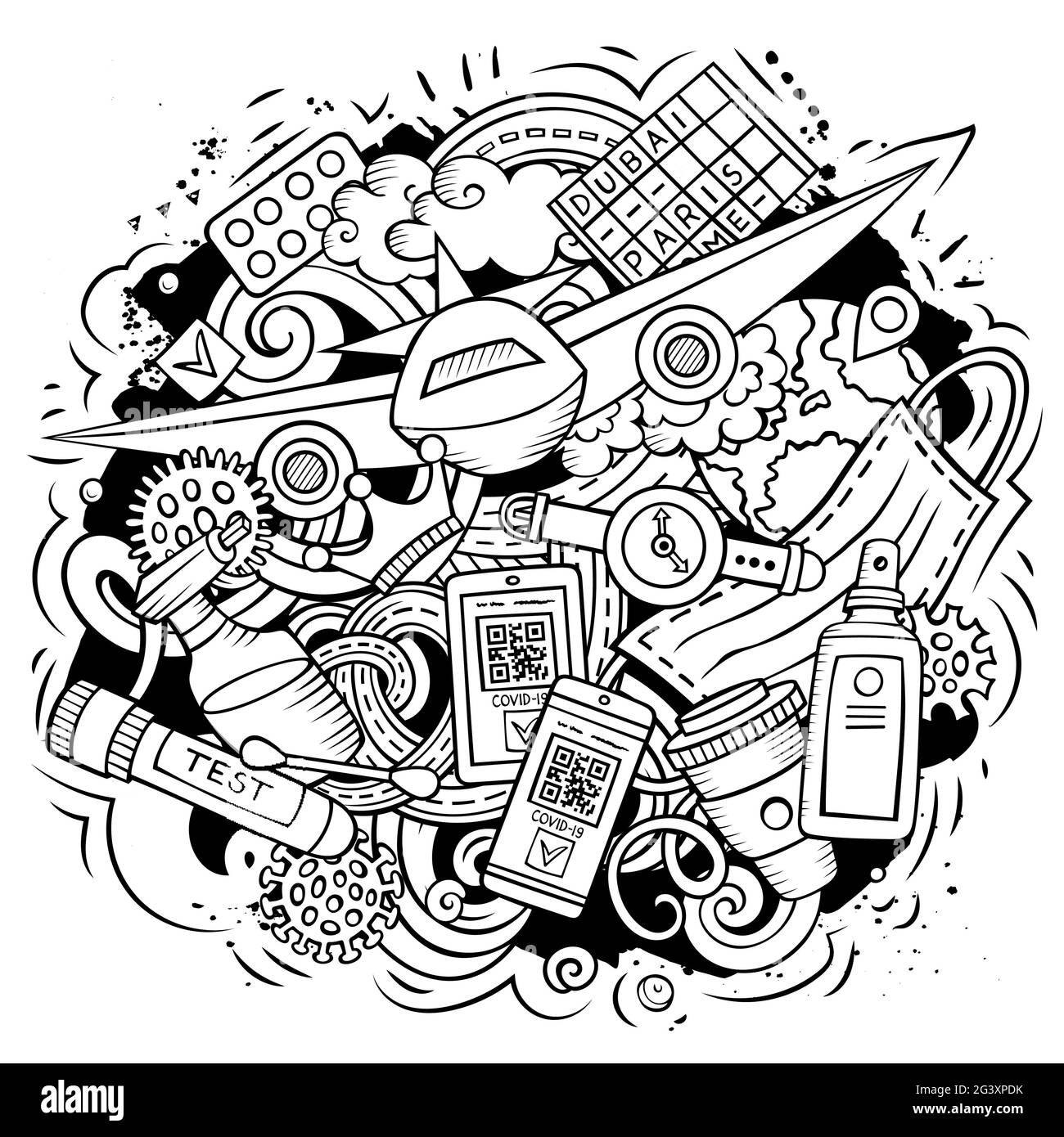 Traveling vector doodles illustration. New normal elements and objects ...