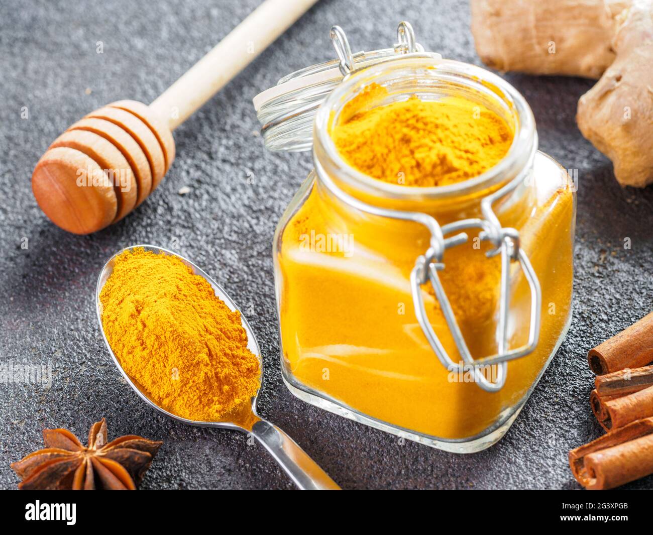 Turmeric powder in glass jar and spoon Stock Photo - Alamy
