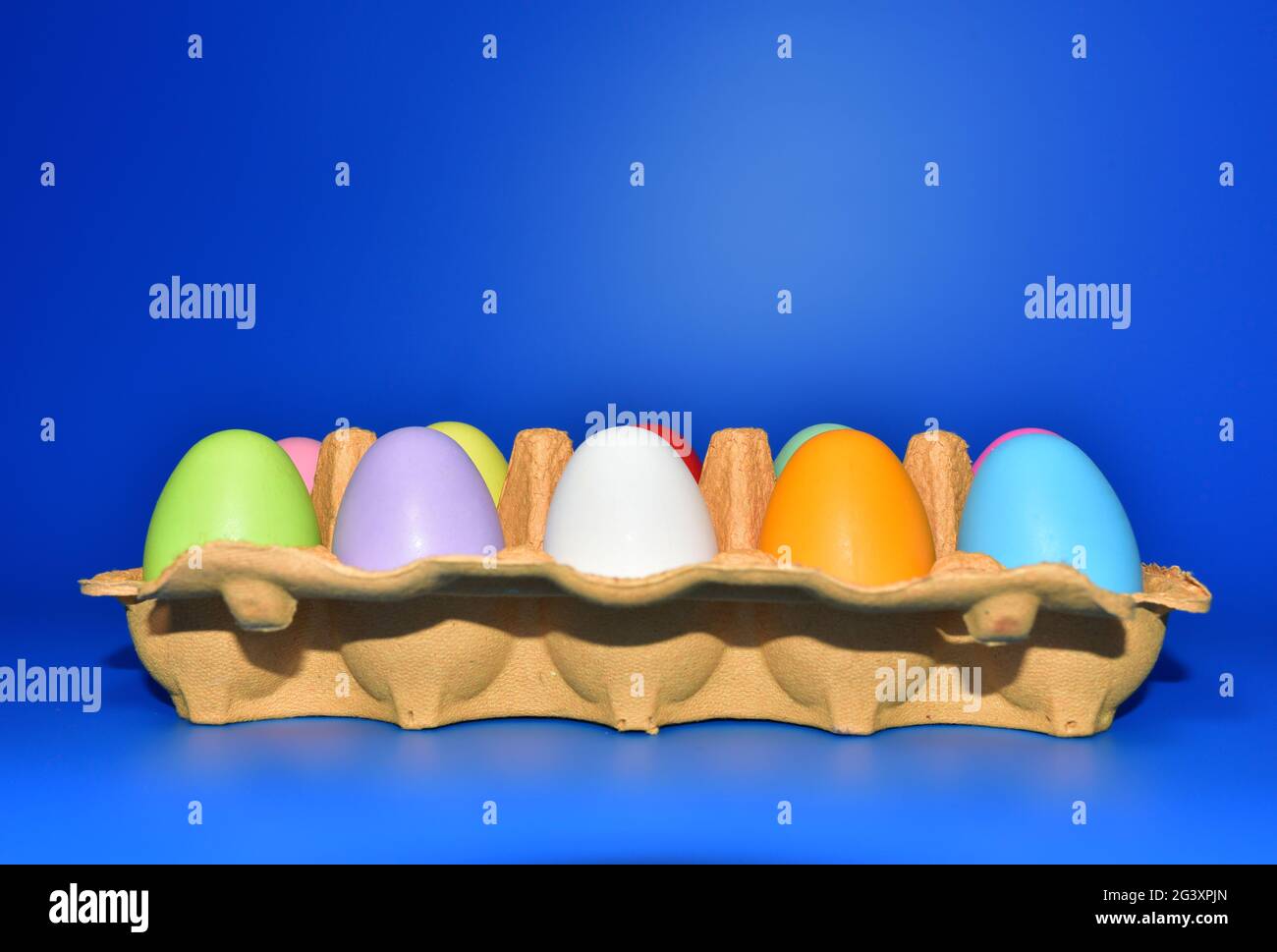 Easter eggs in a paperboard. Multi-colored eggs in egg carton on blue ...