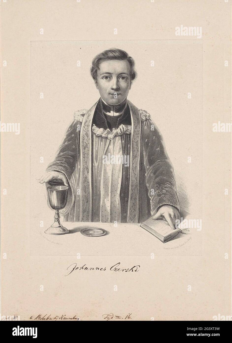 Portrait of Priest Johannes Czerski. With his left hand, he points to a ...