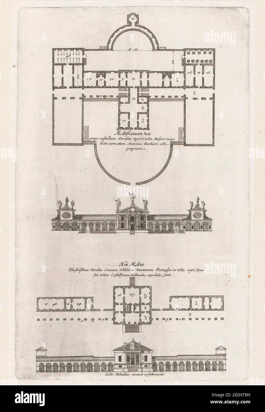 Floor plans and façades of two villas designed by Andrea Palladio ...