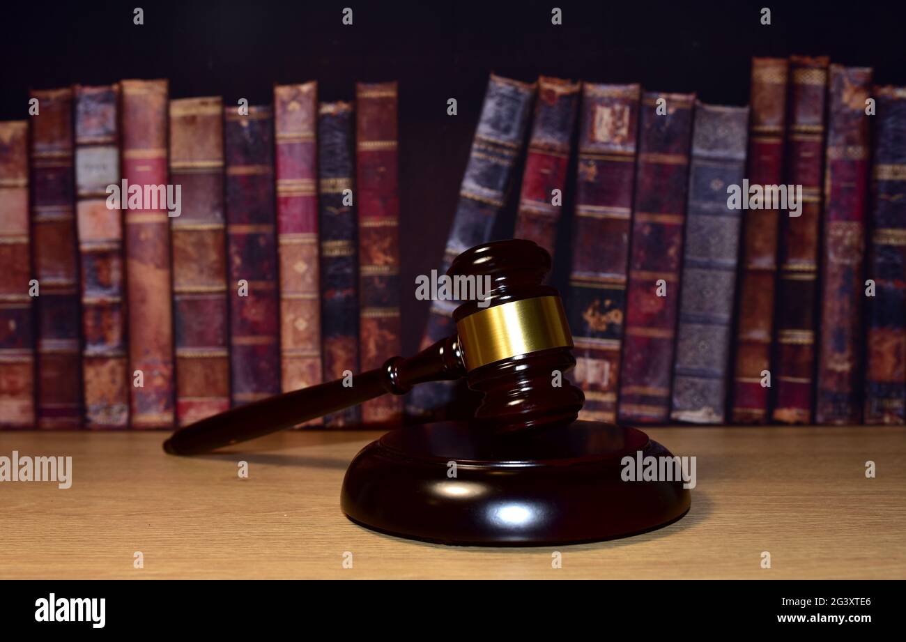 Judge hammer on wooden table. Justice concept in courtroom. Mallet of ...