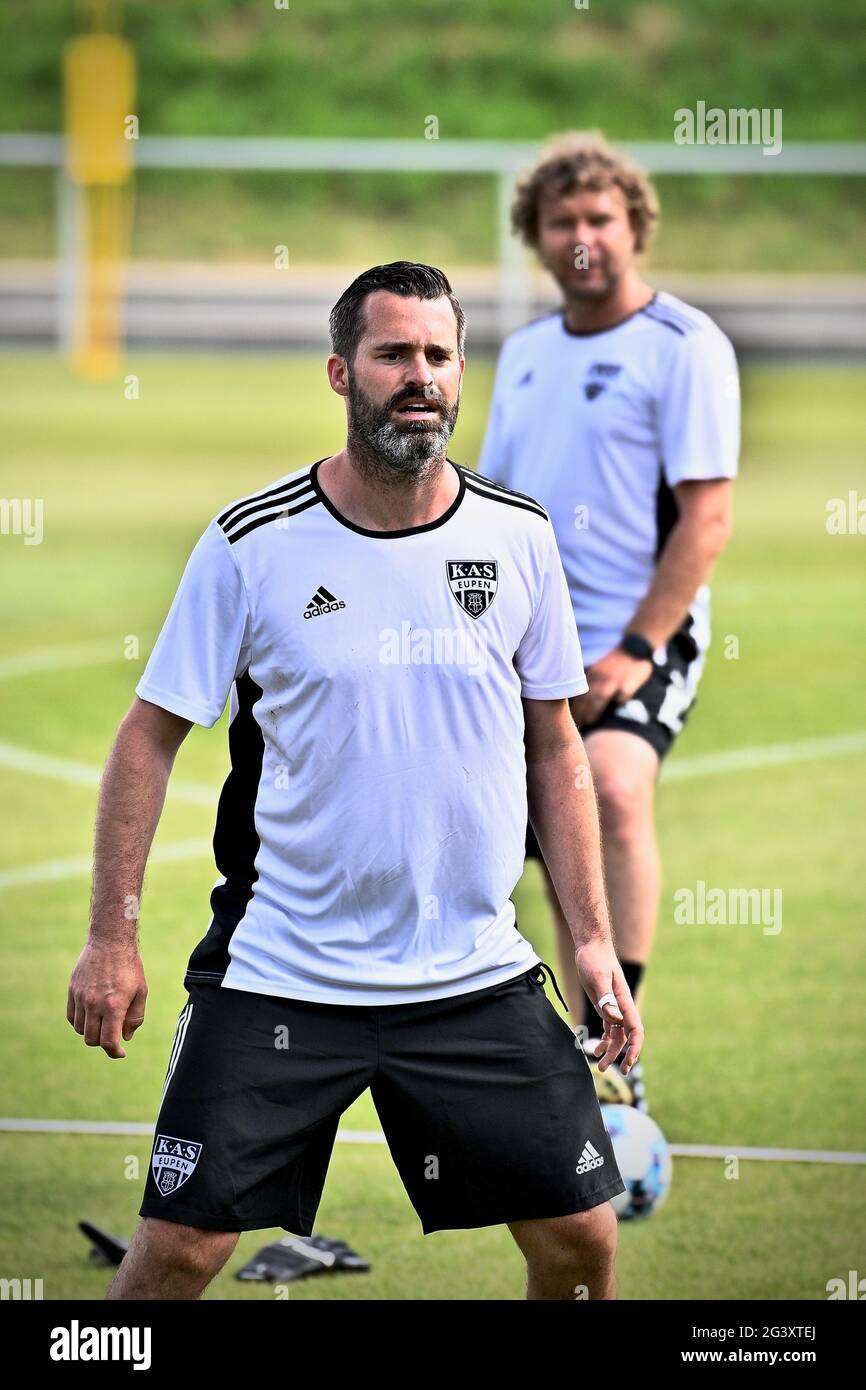 Eupen's assistant coach Kristoffer Andersen pictured during the first training session for the ...