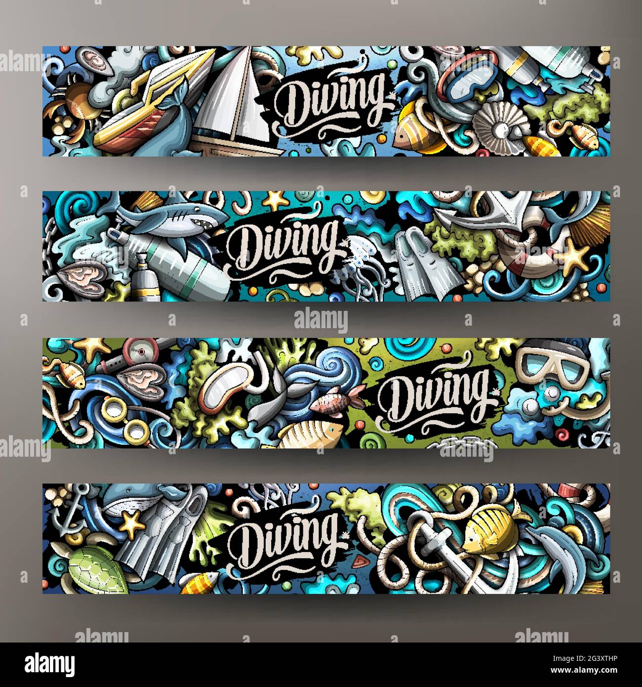 Cartoon vector doodle set of Diving banners templates. Corporate ...