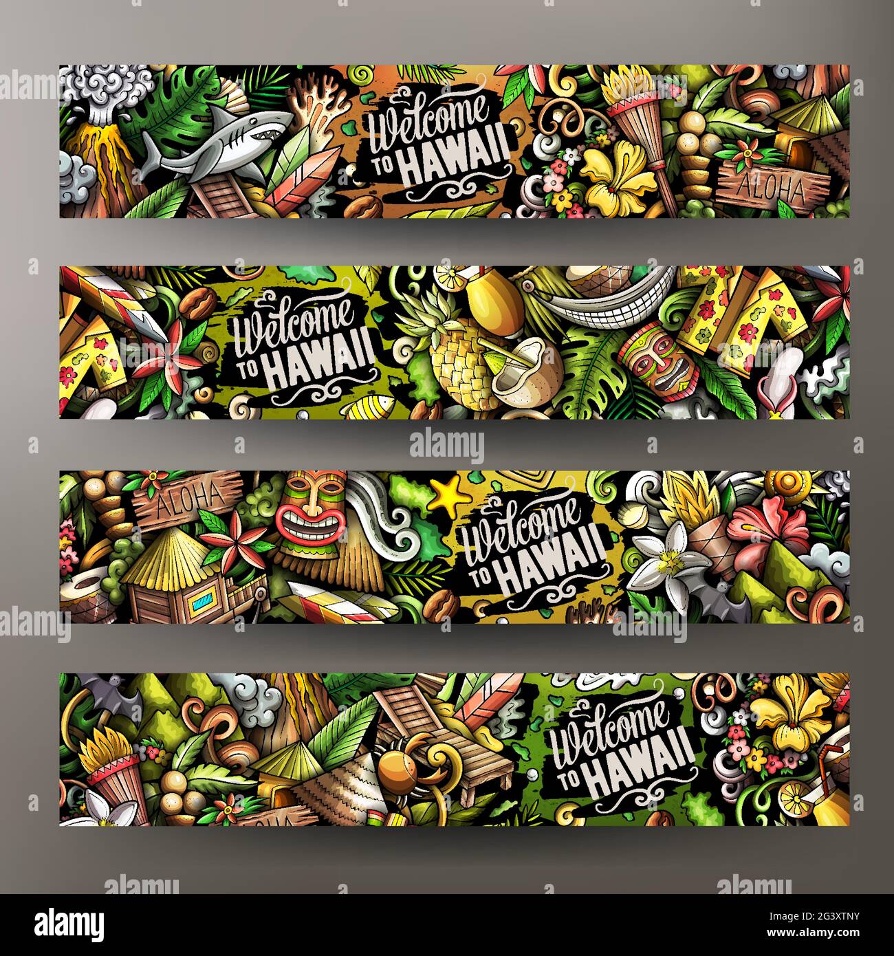 Cartoon vector doodle set of Hawaii banners templates. Corporate ...