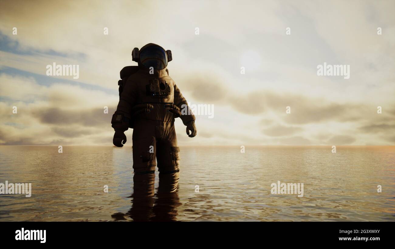 Spaceman in the sea under clouds at sunset Stock Photo - Alamy