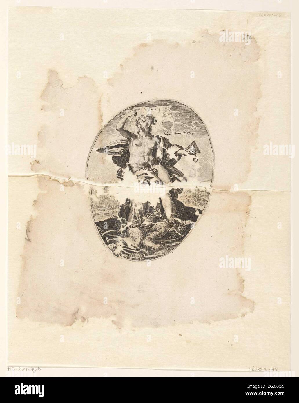 Virtue overcomes the war. Allegory of a virtue with star wreath sitting ...