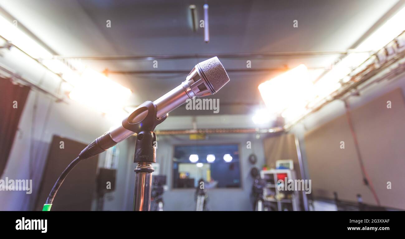 Microphone in recording studio, equipment and professional studio ...