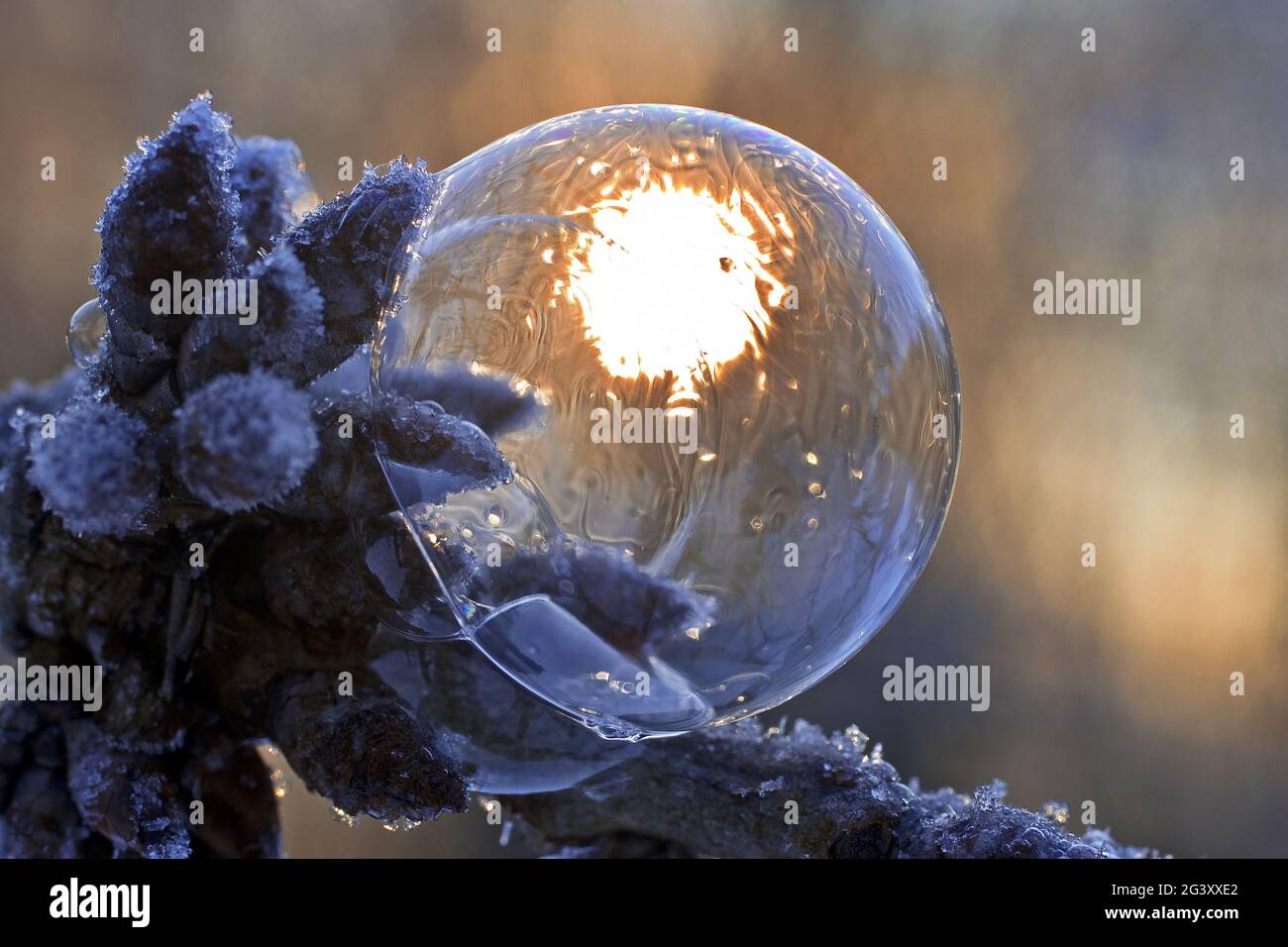 Freezing soap bubble with ice crystals and sun, Witten, North Rhine ...