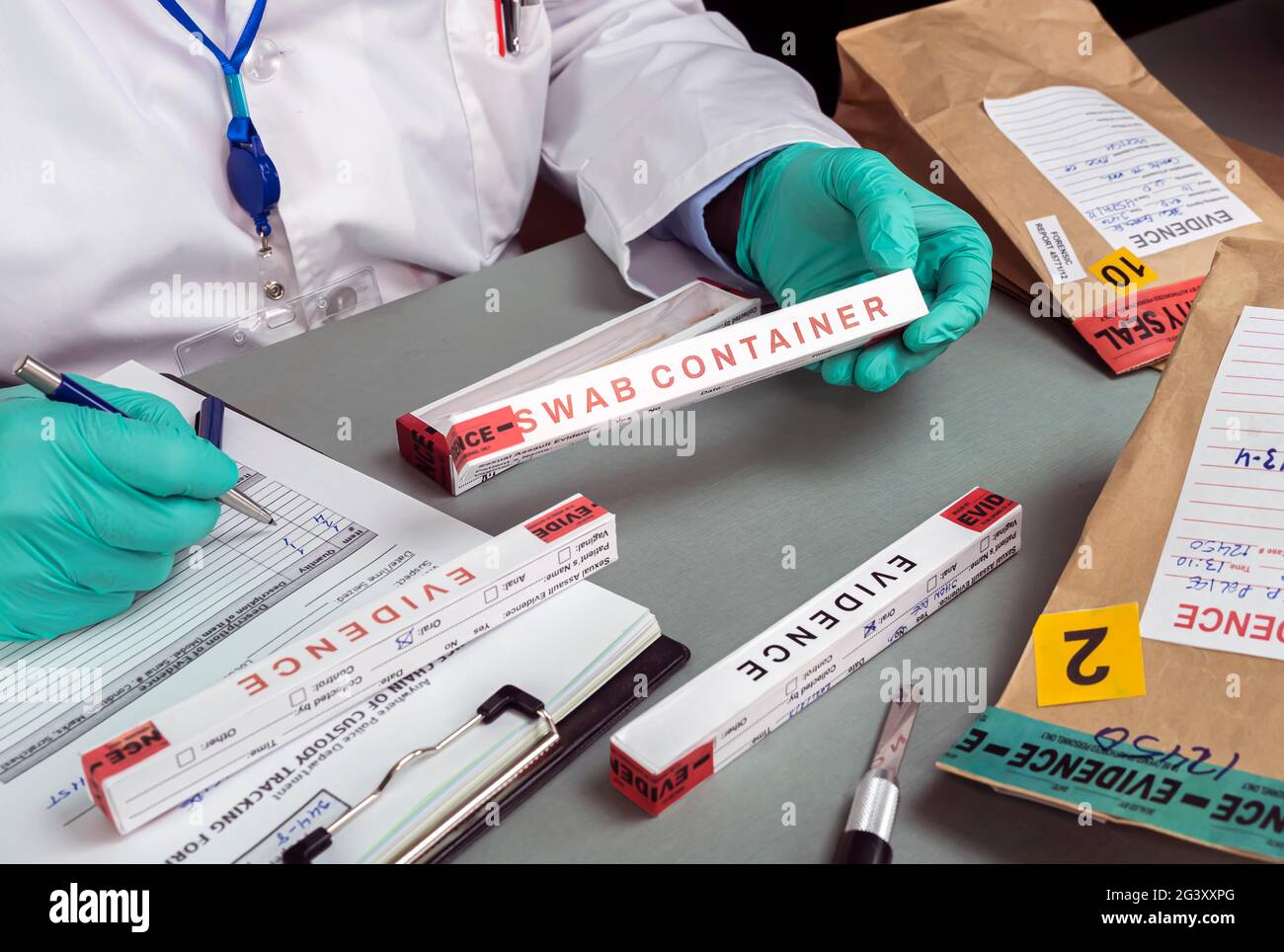 police scientist takes data from evidence box in crime lab, conceptual ...