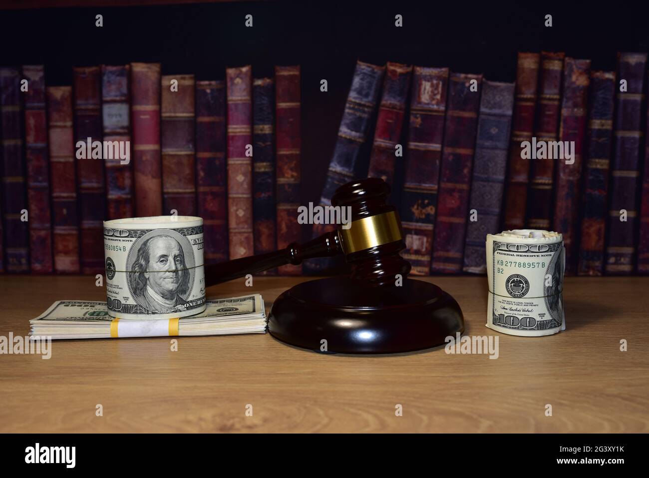 Judge hammer and bundles of dollars. Justice in courtroom. Mallet of ...