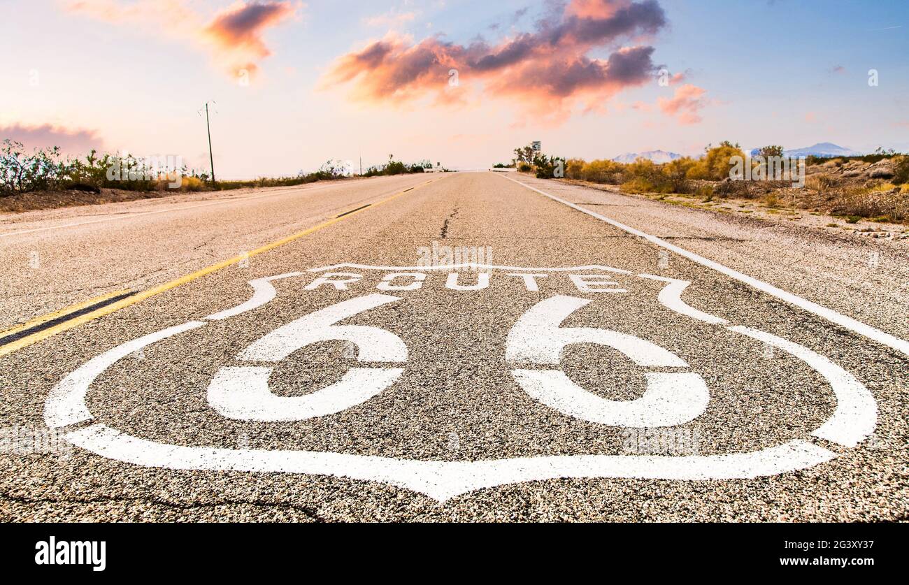 Route 66 road sign with blue sky background. Classic concept for travel ...