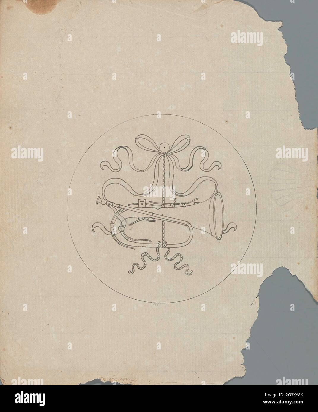 Large wind instrument; Design for marquetery of musical instrument hung ...