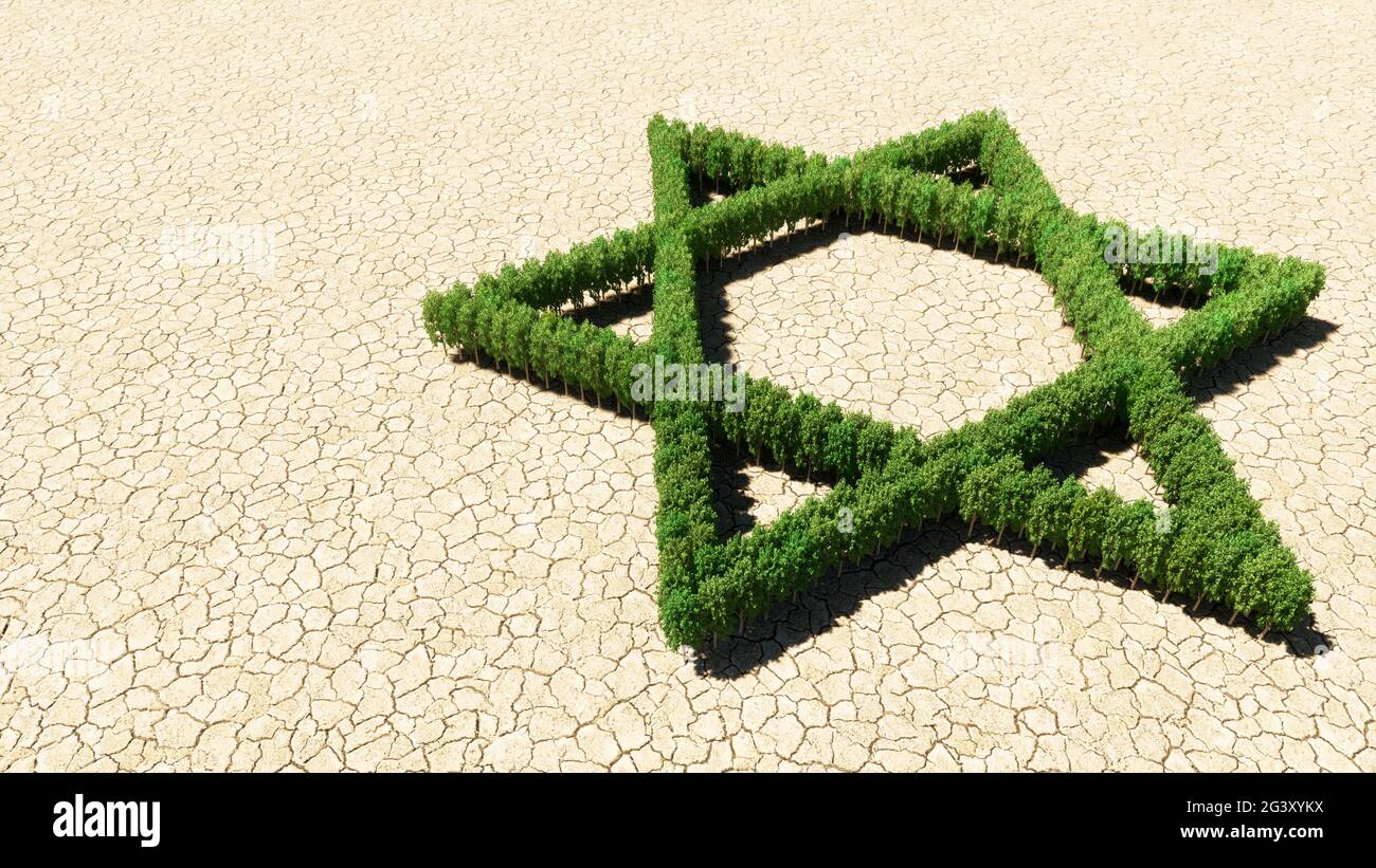 Concept or conceptual group of green forest tree on dry ground ...