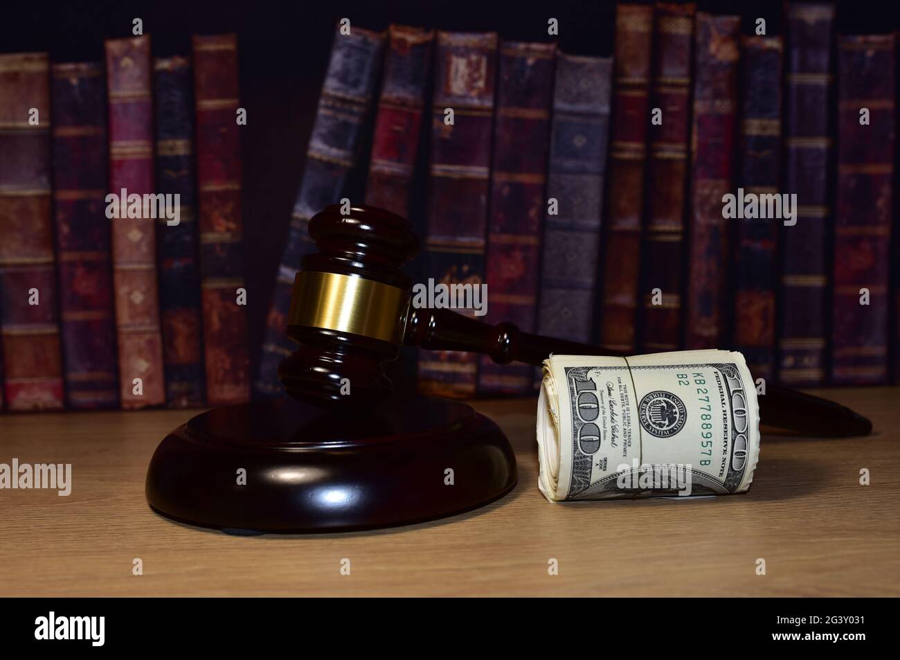 Judge hammer and bundles of dollars. Justice in courtroom. Mallet of ...