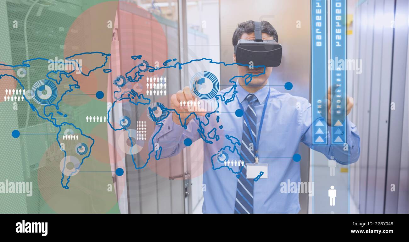 World map and data processing against caucasian man wearing vr headset ...