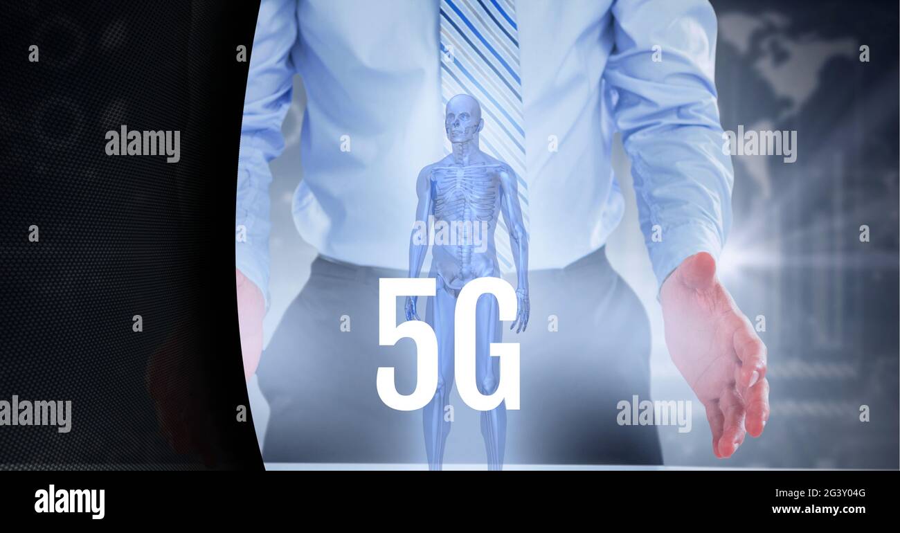 5g text and human body model over mid section of businessman against ...