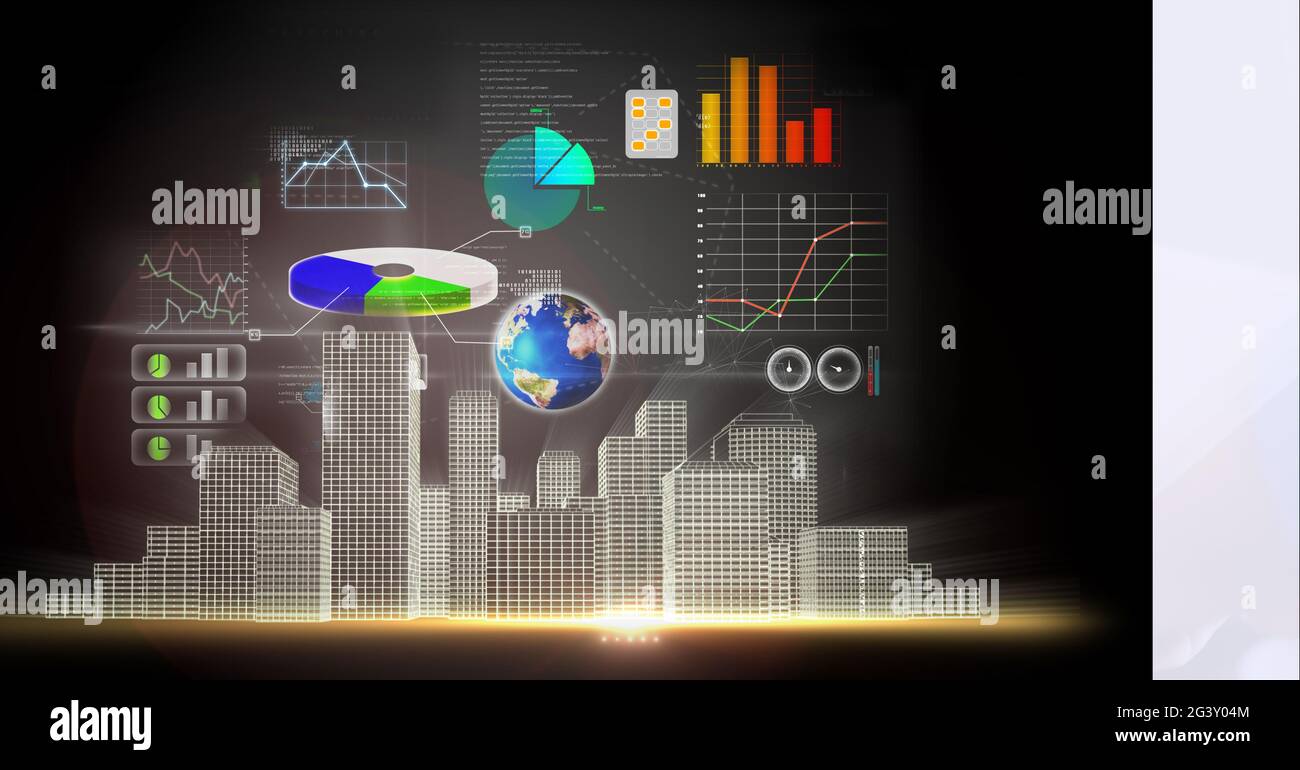 Digital interface with data processing over 3d city model against grey ...