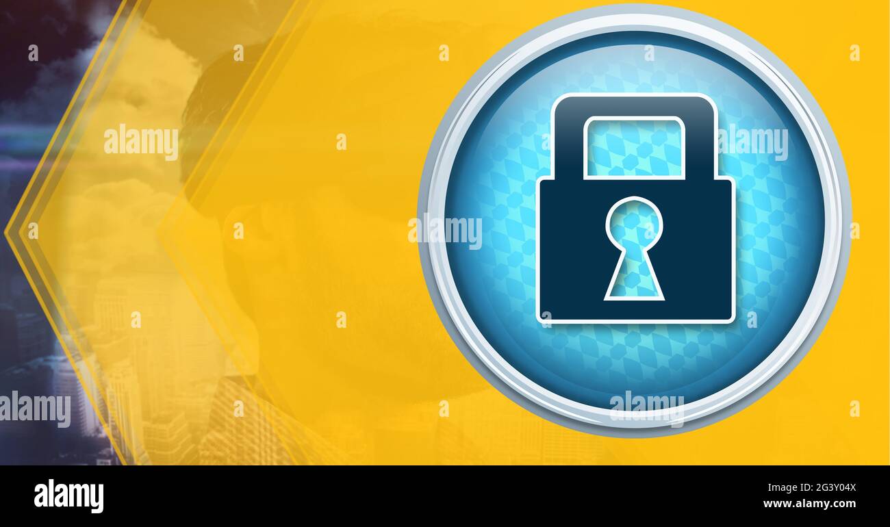 Security padlock icon over yellow technology background against man ...