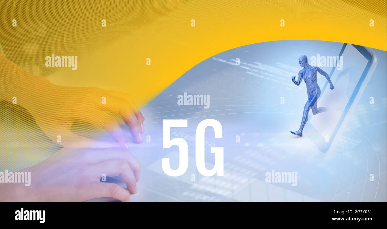 5g text and human body model running over smartphone against person ...