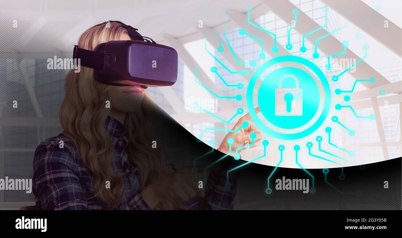Security padlock icon over woman using vr headset against white ...