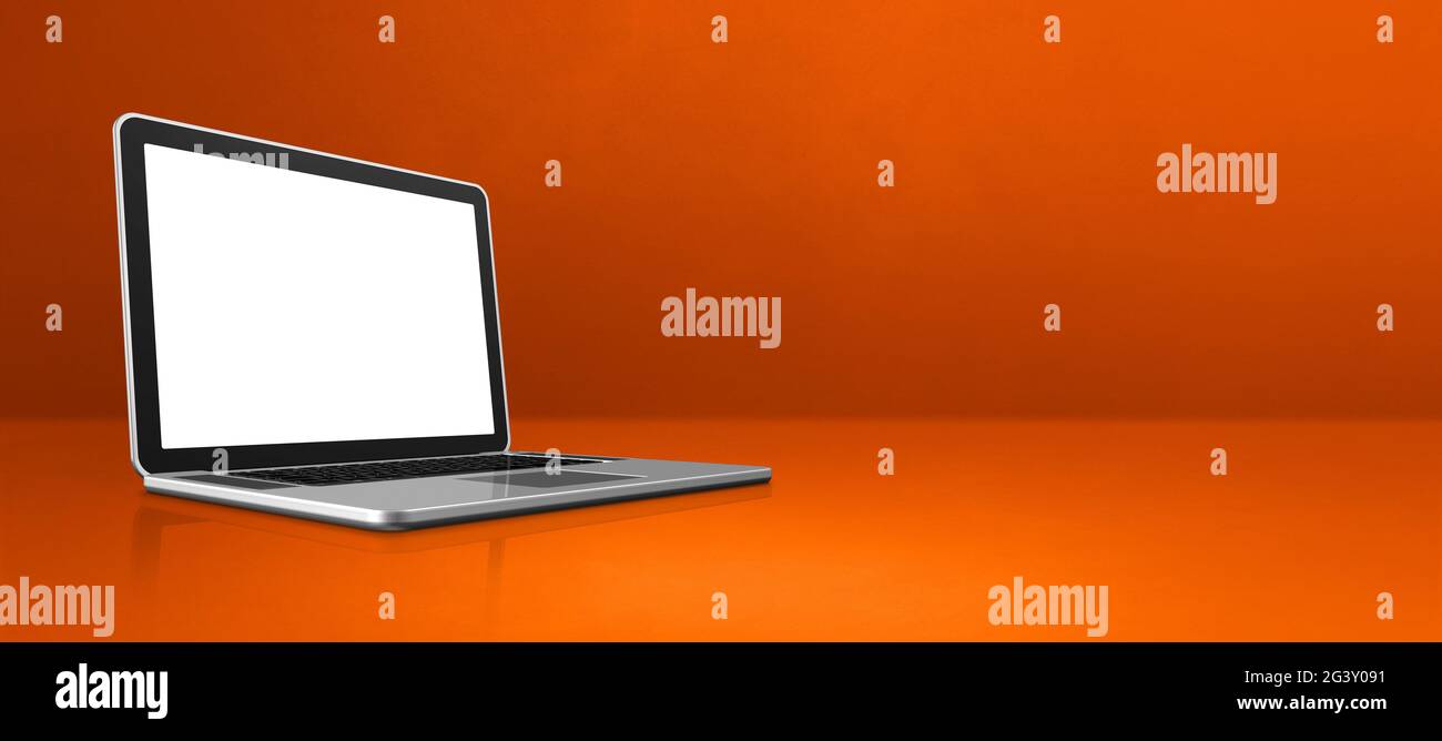 Laptop computer on orange office scene background banner Stock Photo ...